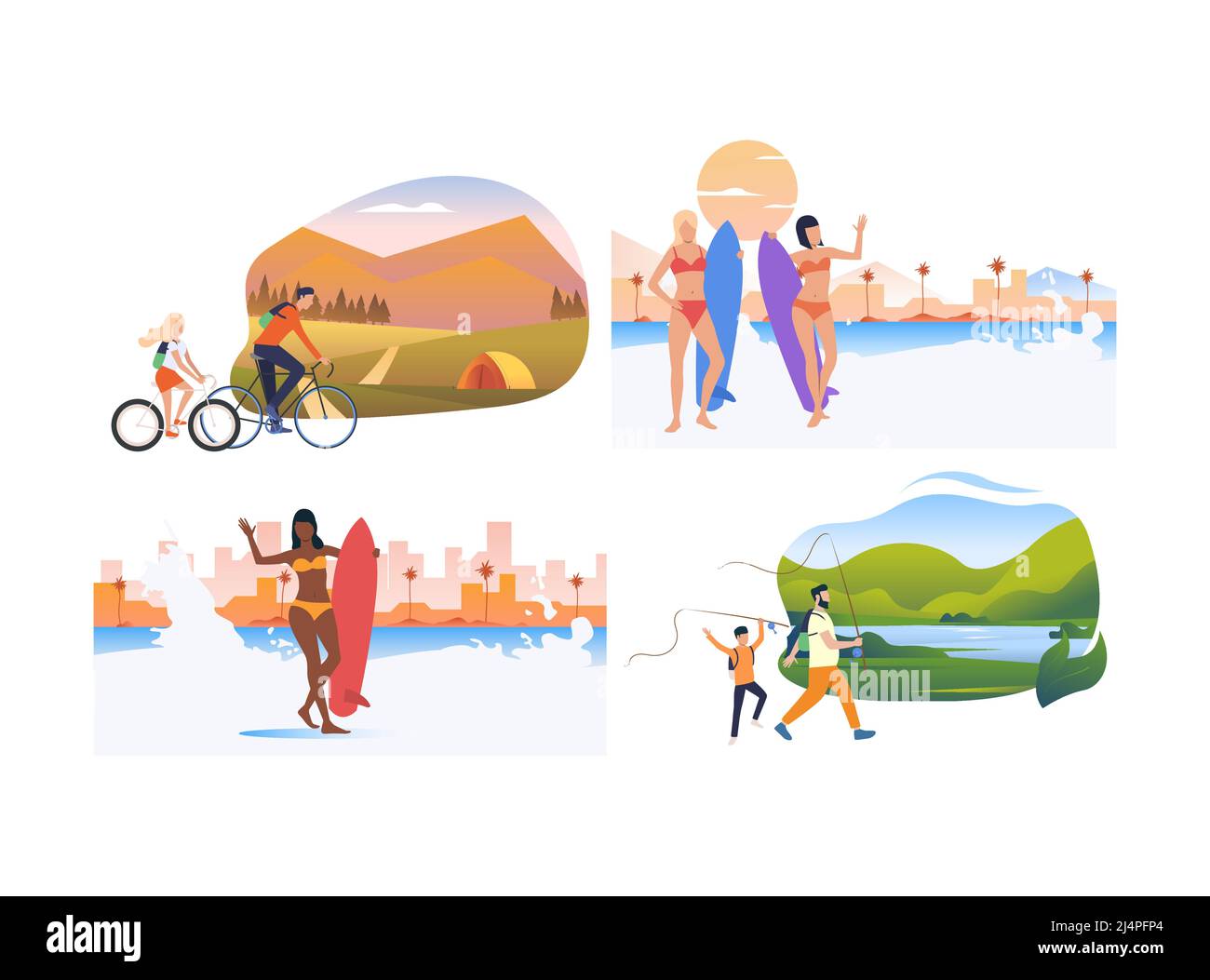 Set of tourists relaxing on vacation. Male and female cartoon ...