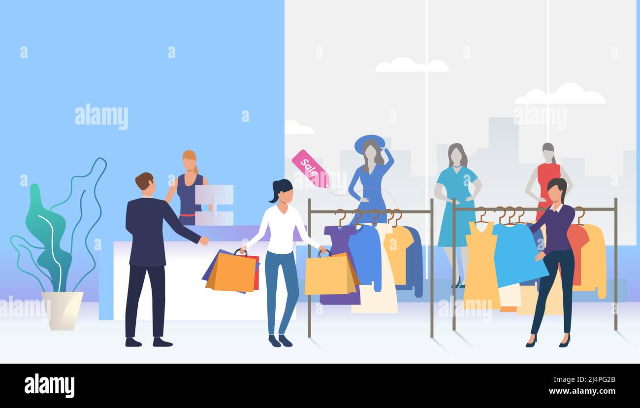 Shoppers choosing and buying clothes in shop. Fashion outlet, boutique ...