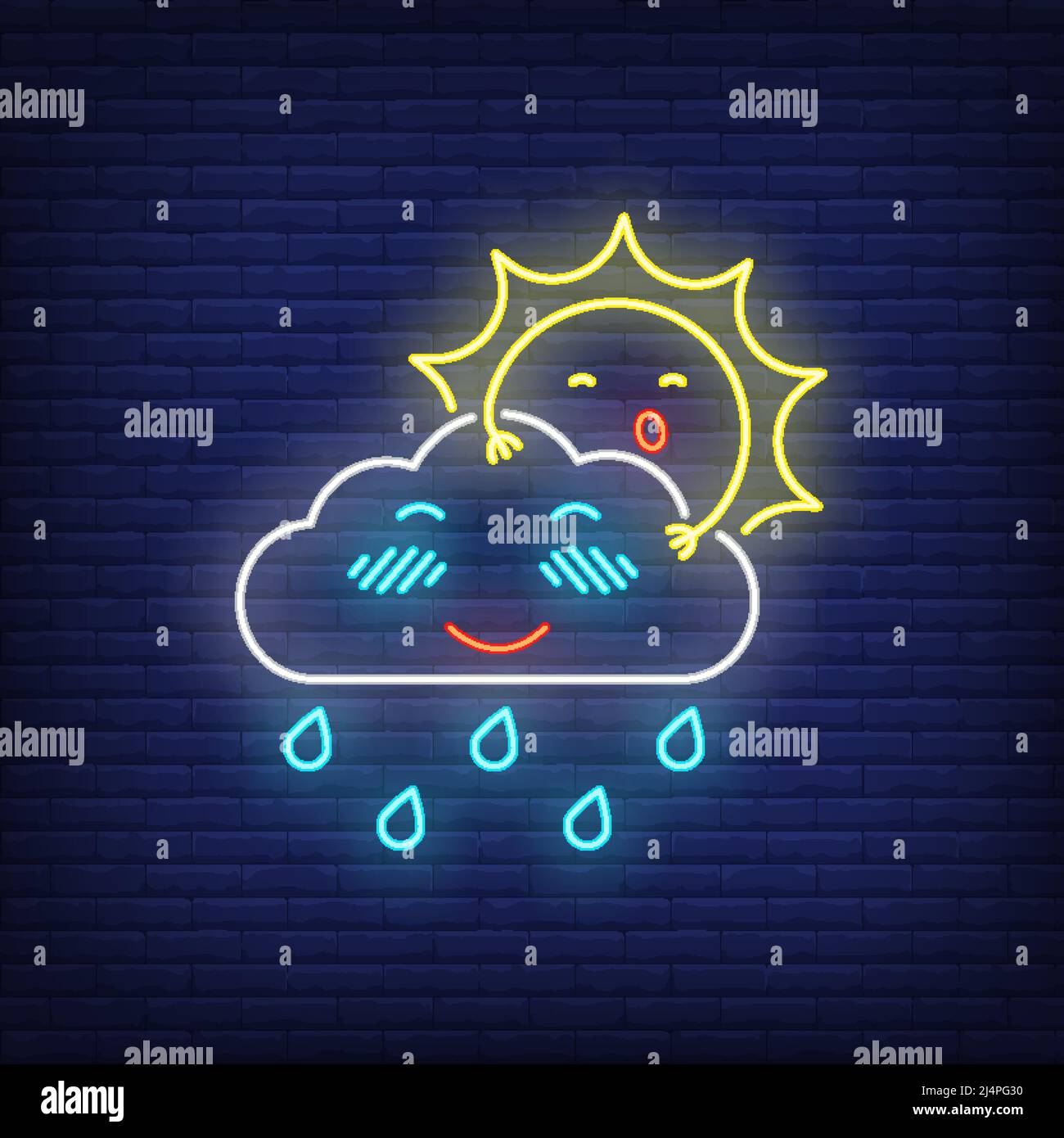 Cartoon sun hiding behind cloud neon sign. Cute character and rain on ...