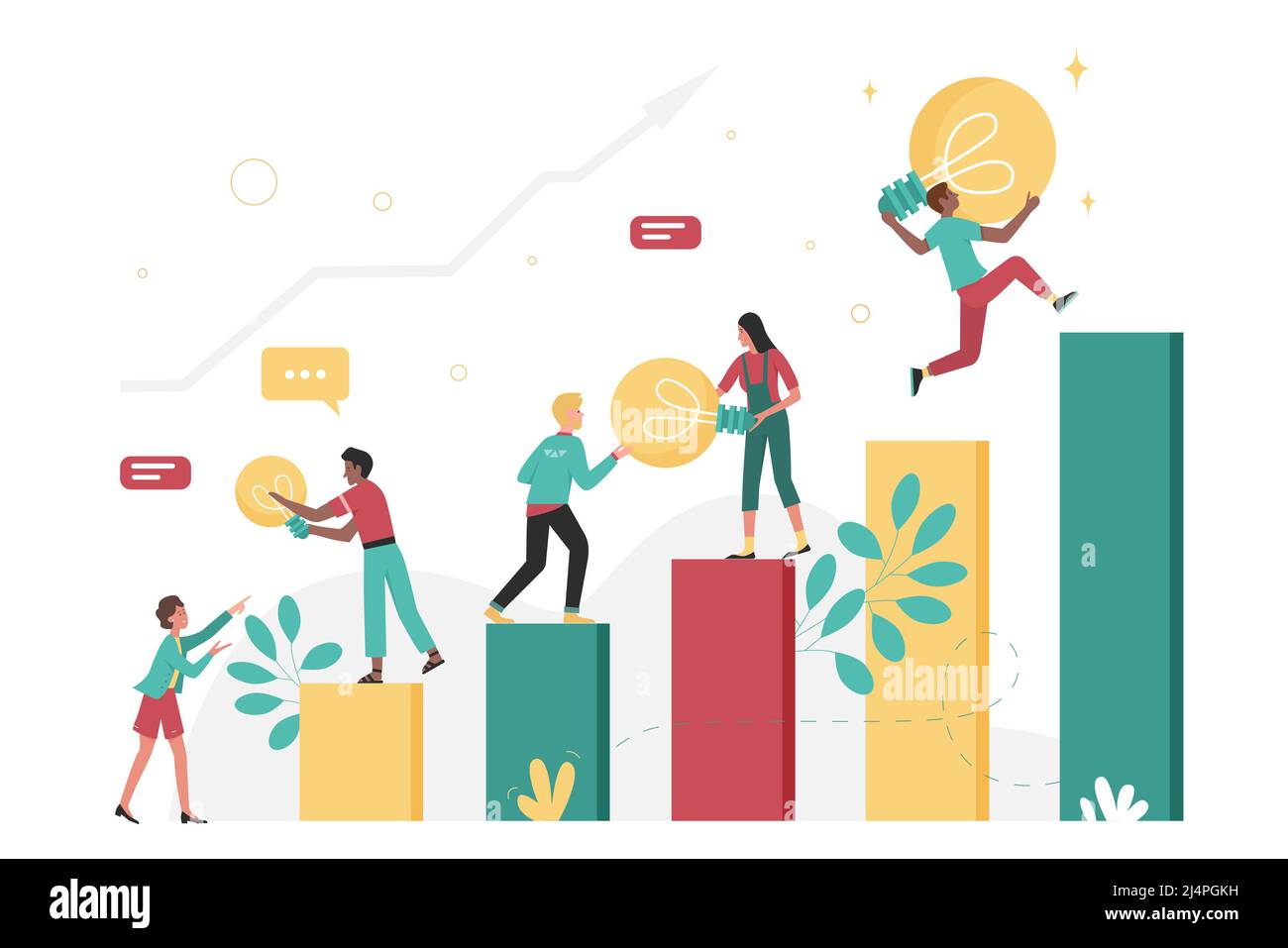 Business people climb up financial chart steps with light bulbs in ...