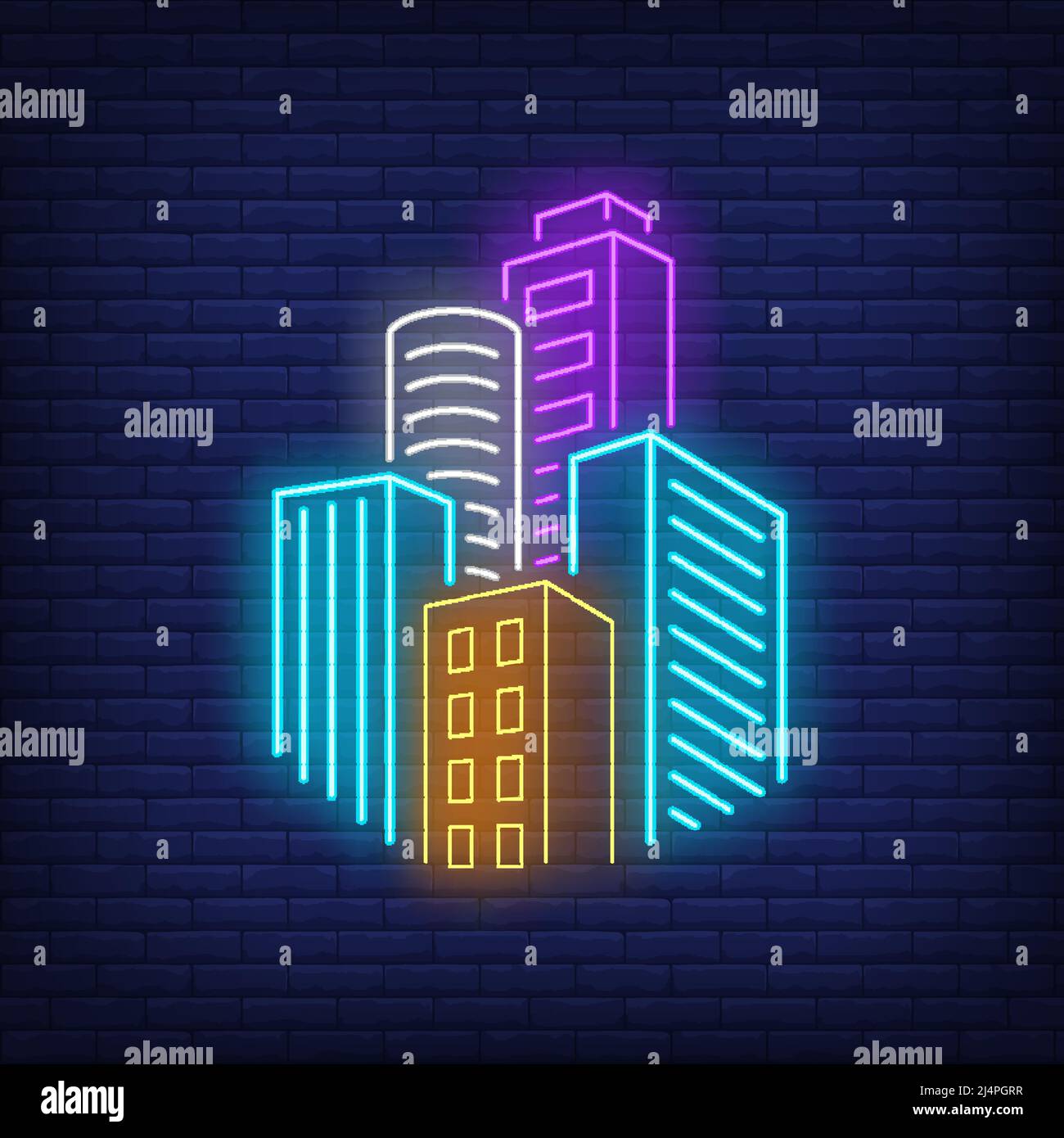 City skyscrapers neon sign. Architecture, downtown design. Night bright ...