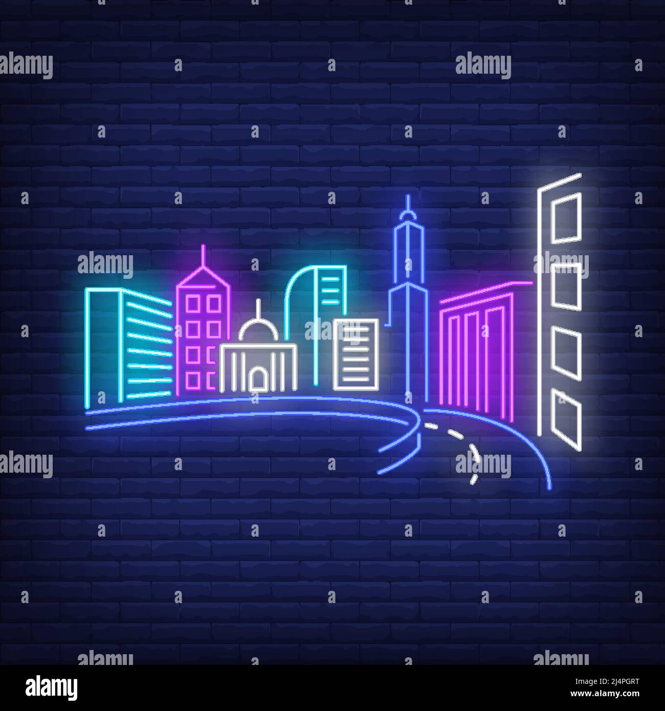 City buildings and road neon sign. Architecture, downtown design. Night ...