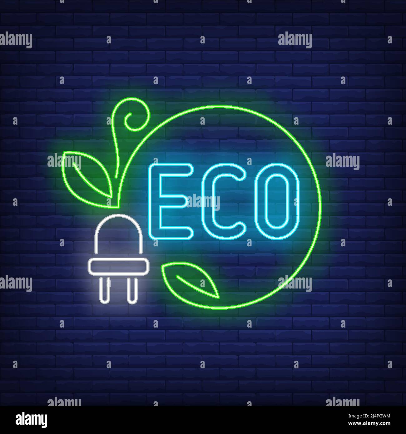 Eco neon lettering and power plug with green cord and leaves ...