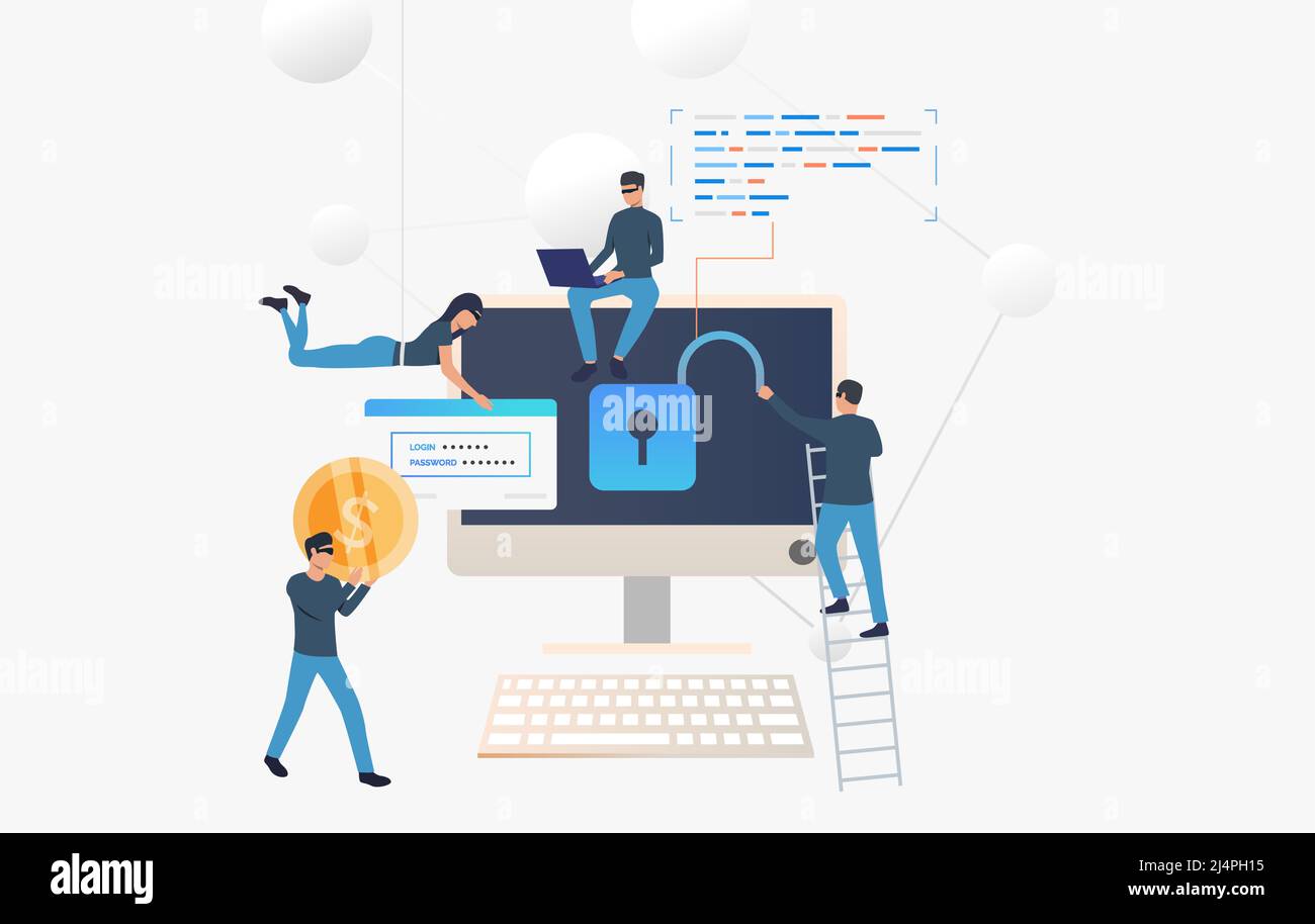 Cyber criminals hacking into bank account. Cartoon hackers opening lock ...