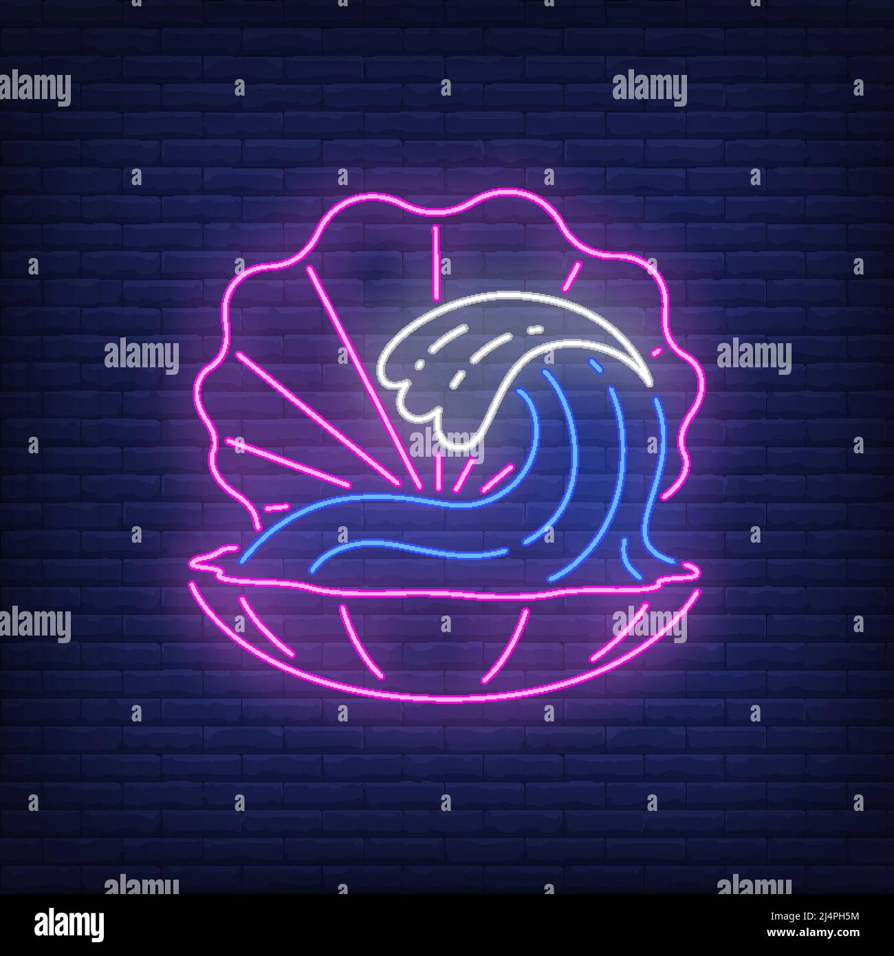 Pink shell neon sign. Open seashell with ocean wave inside on brick ...