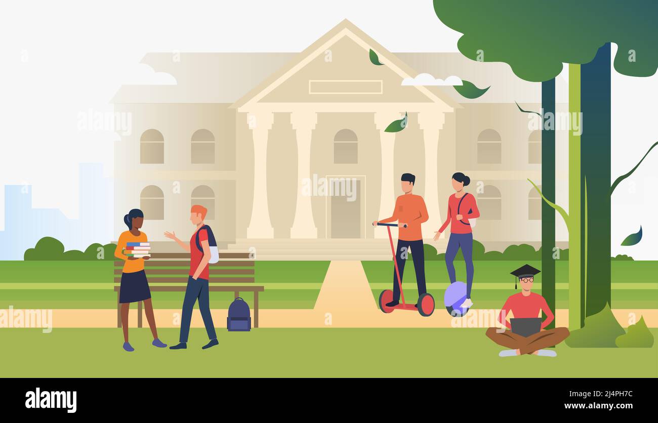 Students walking and chatting in campus park. Information, university ...