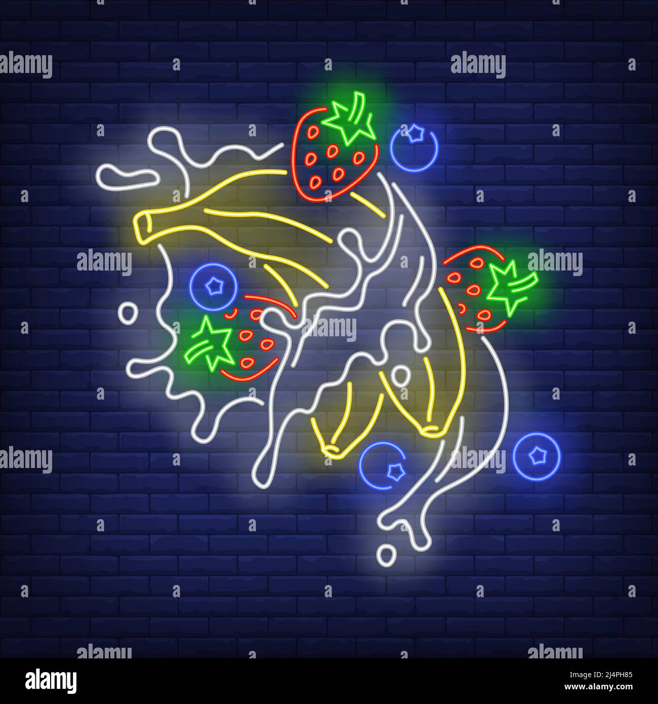 Bananas, strawberries, blueberries and splashes neon sign. Fruit drink ...