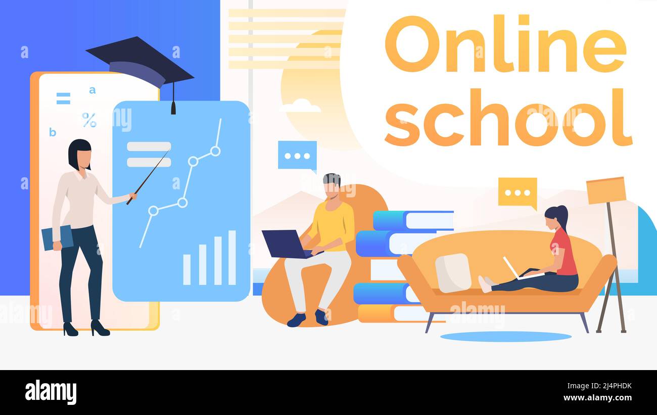People studying at online school, home interior and teacher. Service ...