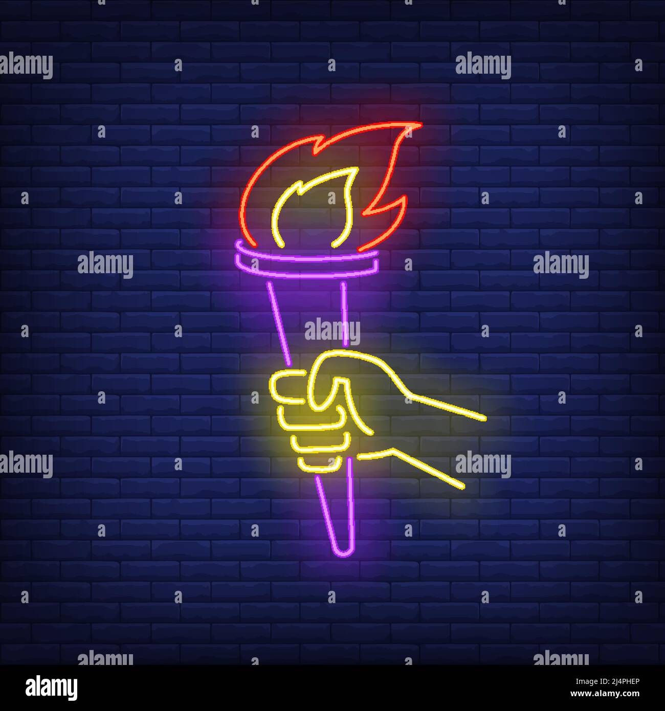 Hand holding flaming torch neon sign. Victory, liberty, power design ...