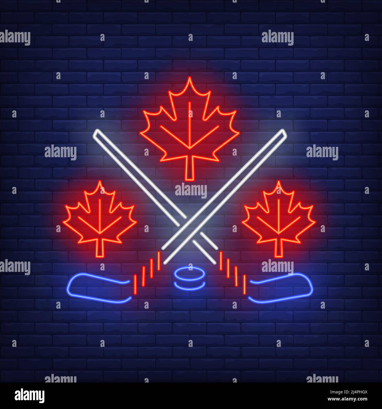Maple leaves with crossed hockey sticks neon sign. Canada, autumn ...