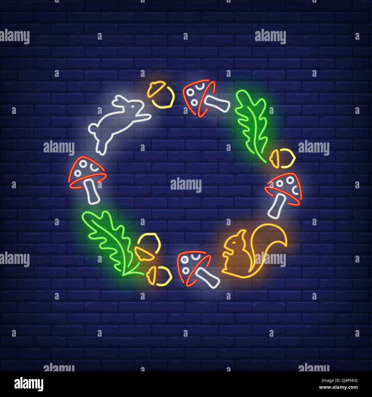 Oak leaves, squirrels, acorns and fly agarics frame neon sign. Autumn ...