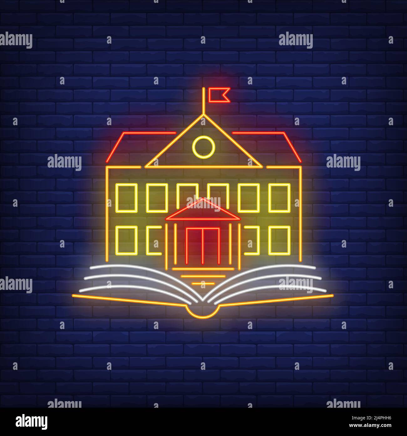 School neon sign. Building with flag on top and open book. Back to ...