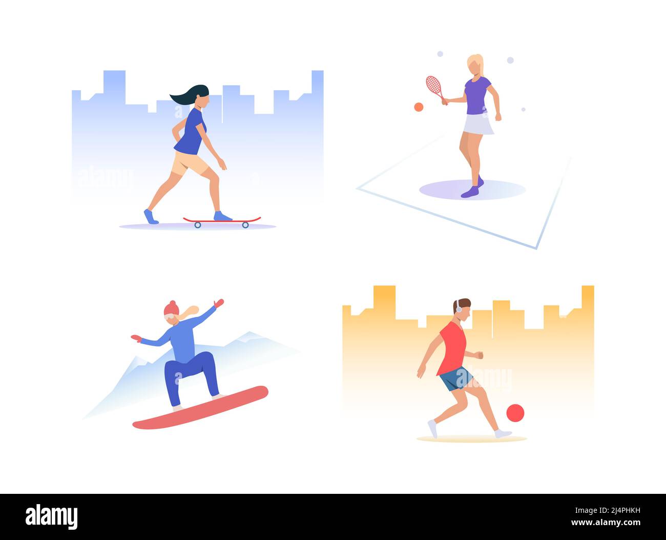 Set of people playing active sports. Group of men and women practising ...