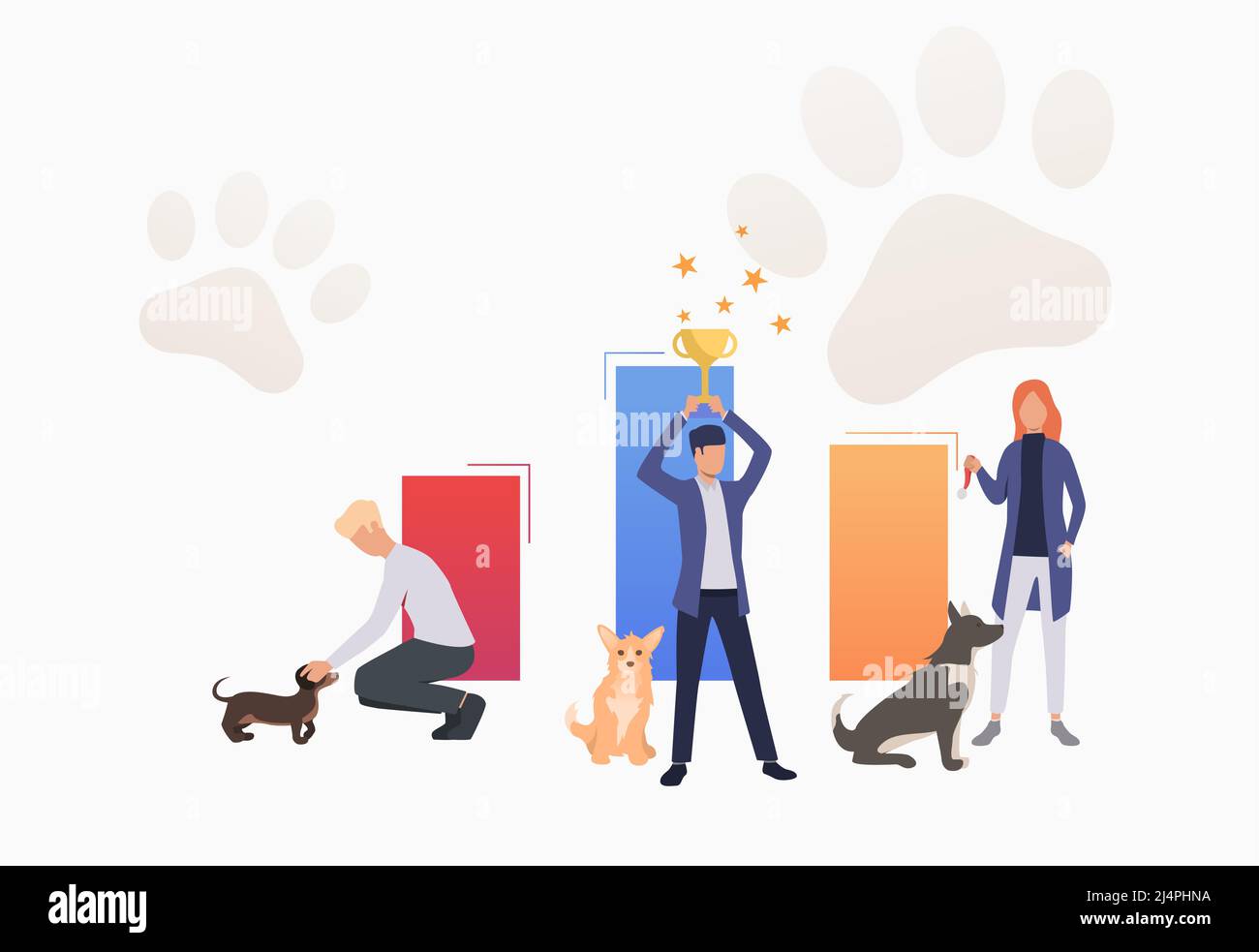 Dog owners holding trophy and celebrating victory. Winner, award ...