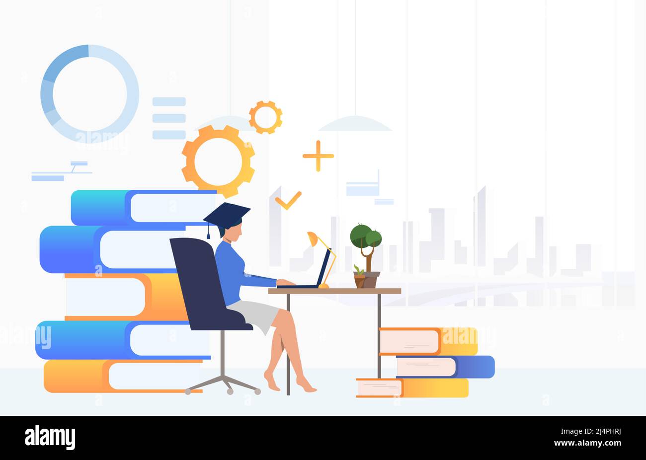 Student studying at desk. University, graduation, information concept ...