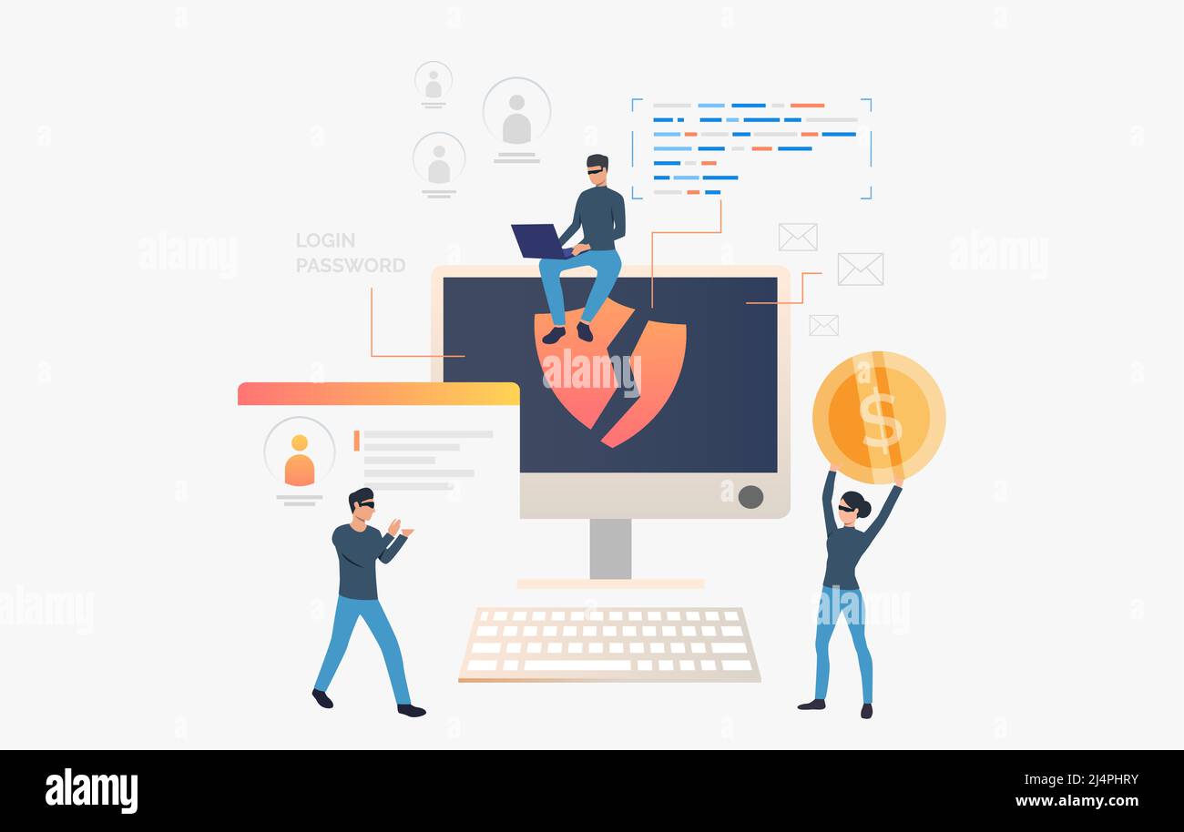 Hackers stealing personal data and money. Cartoon criminals carrying ID ...