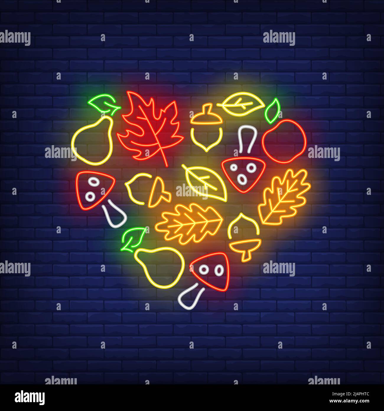 Autumn harvest neon sign. Heart shaped bunch of fall leaves, mushrooms ...