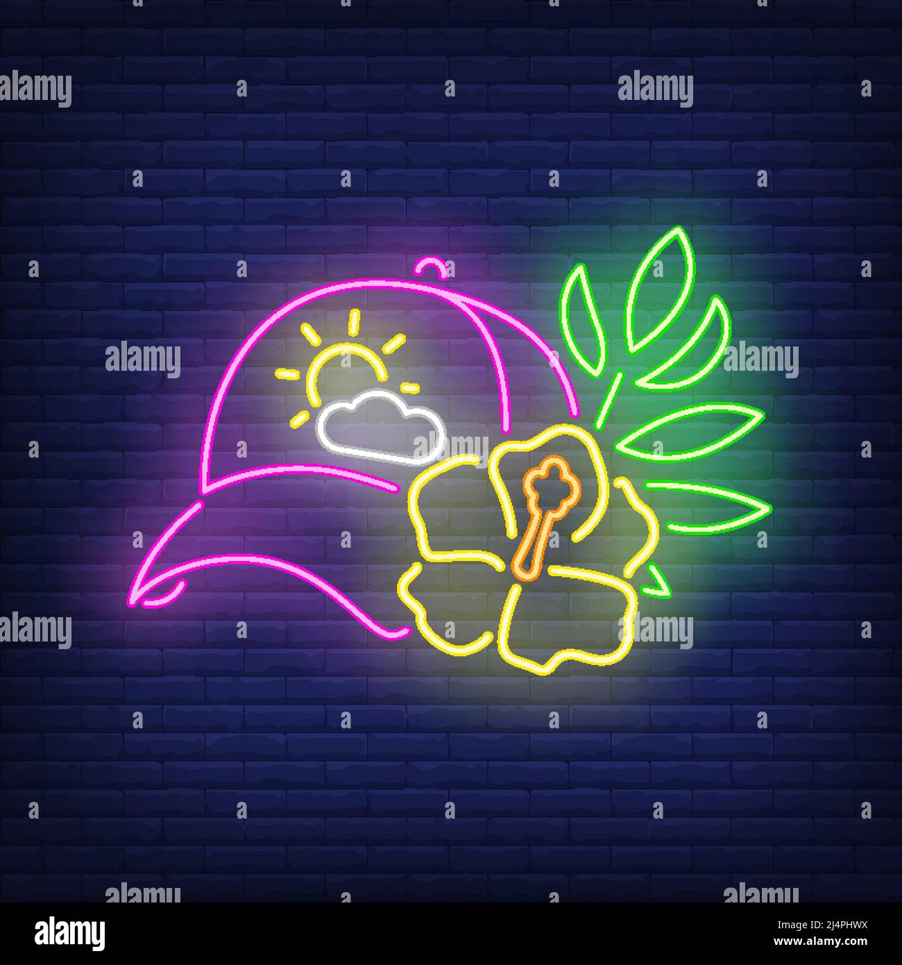 Cap and flowers neon sign. Summer, vacation, holiday. Vacations concept ...