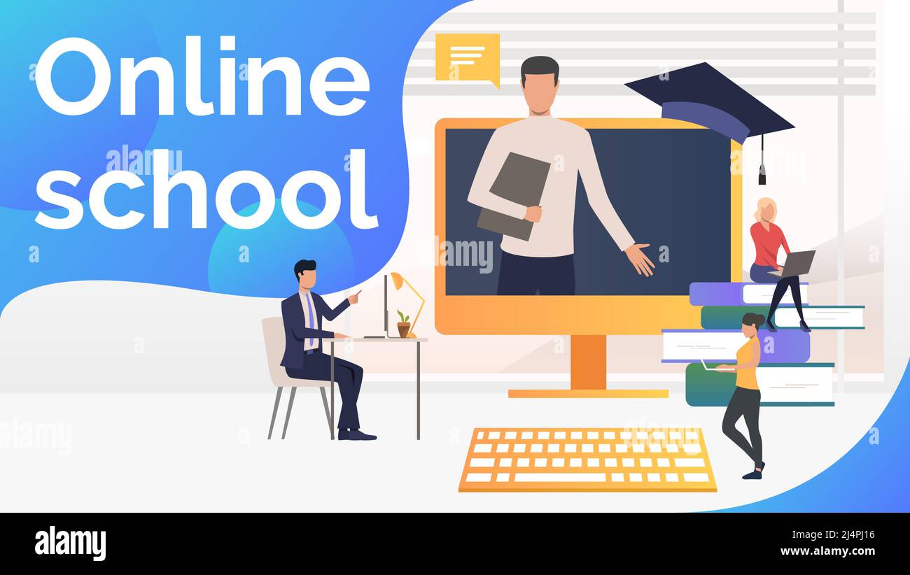 People studying at online school, textbooks and teacher. Service ...