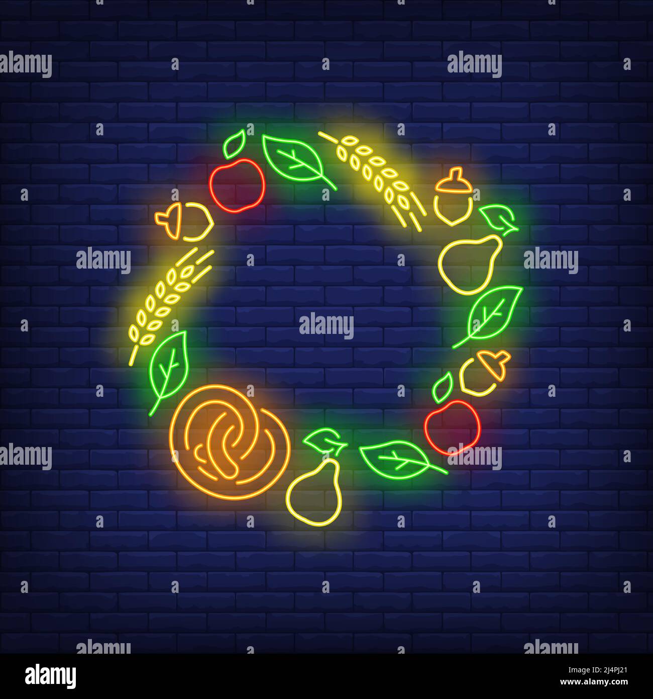 Leaves, apples, acorns, pears, pretzel and ears frame neon sign. Autumn ...