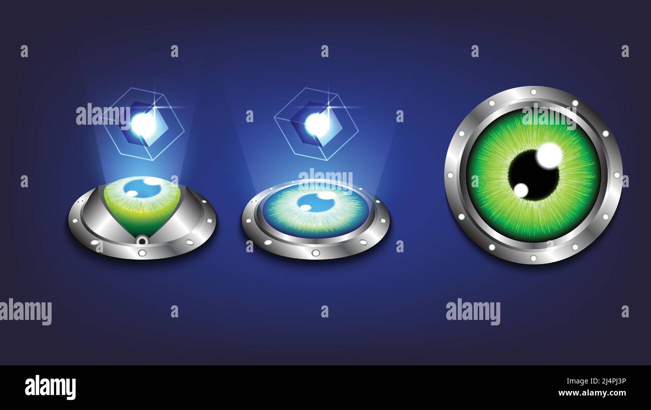 Sci-fi high-technology stage collection in glowing HUD. Biometric eye ...