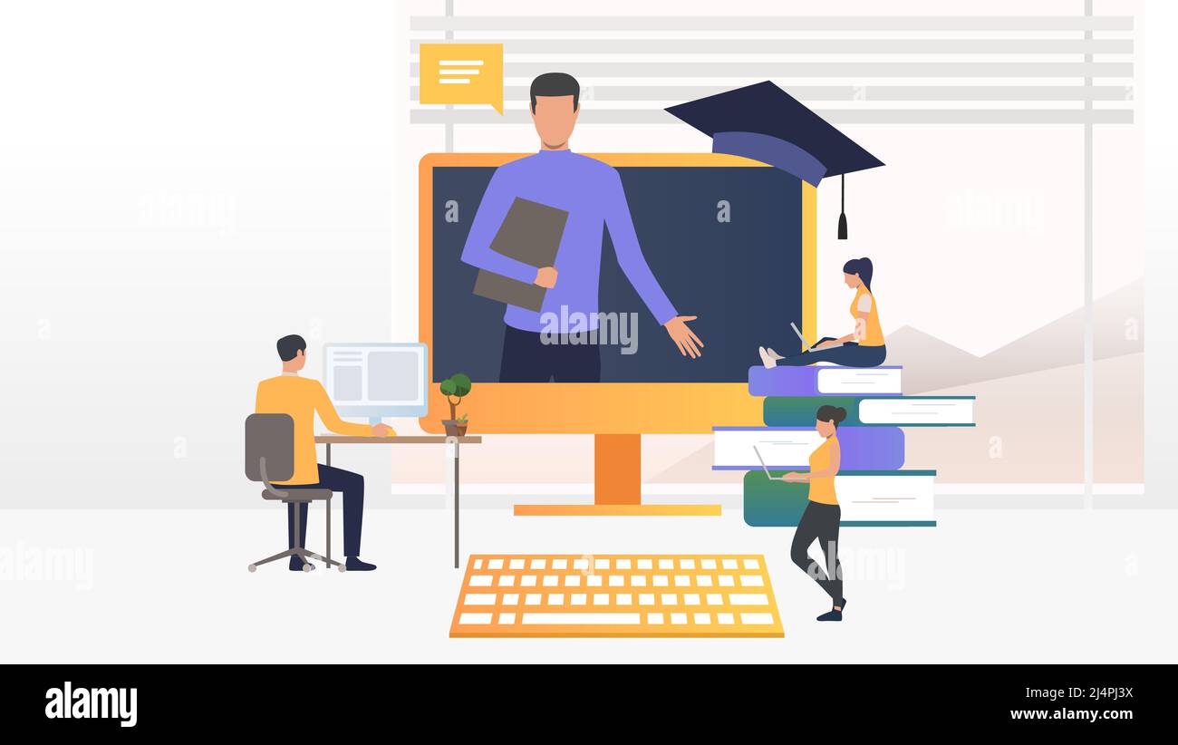 People using computers and studying at online school. Service ...