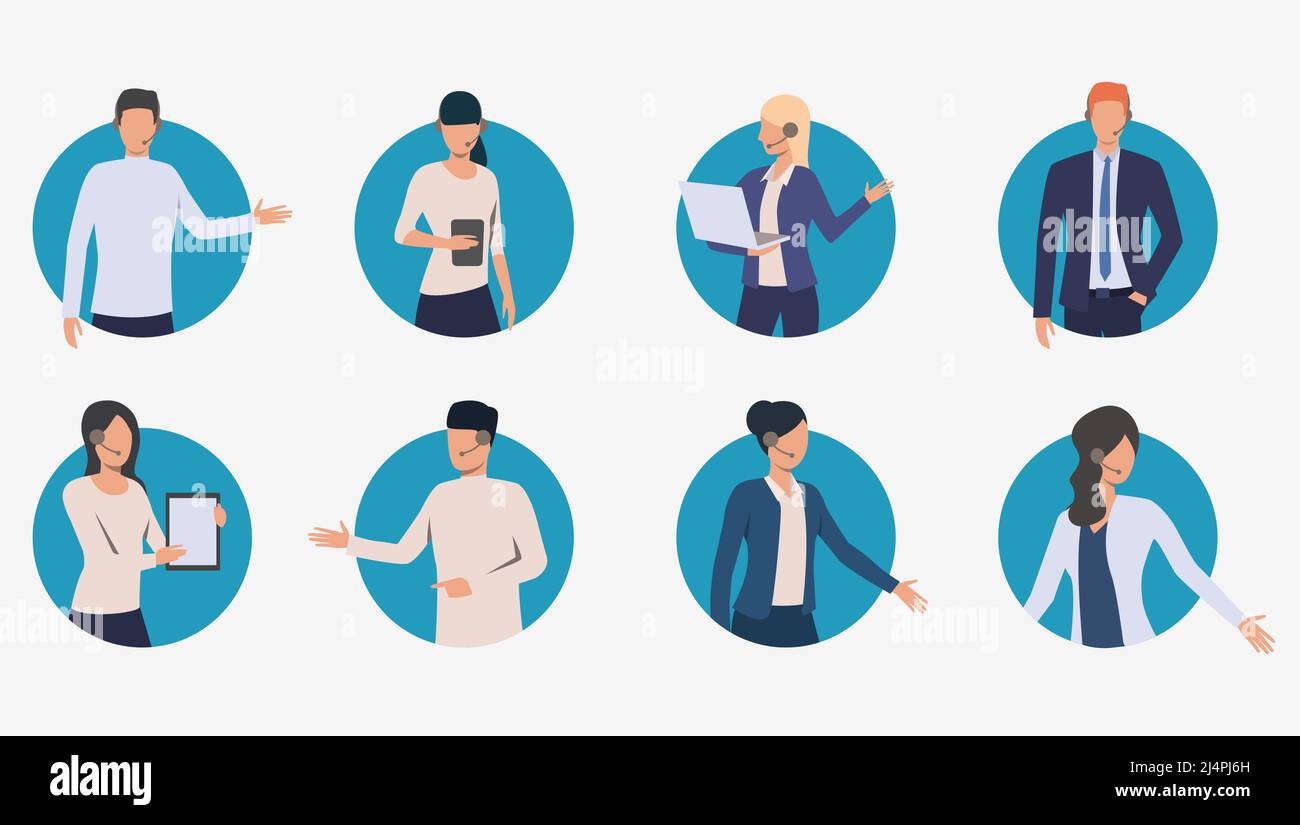 Call center managers talking to clients. Male and female customer ...