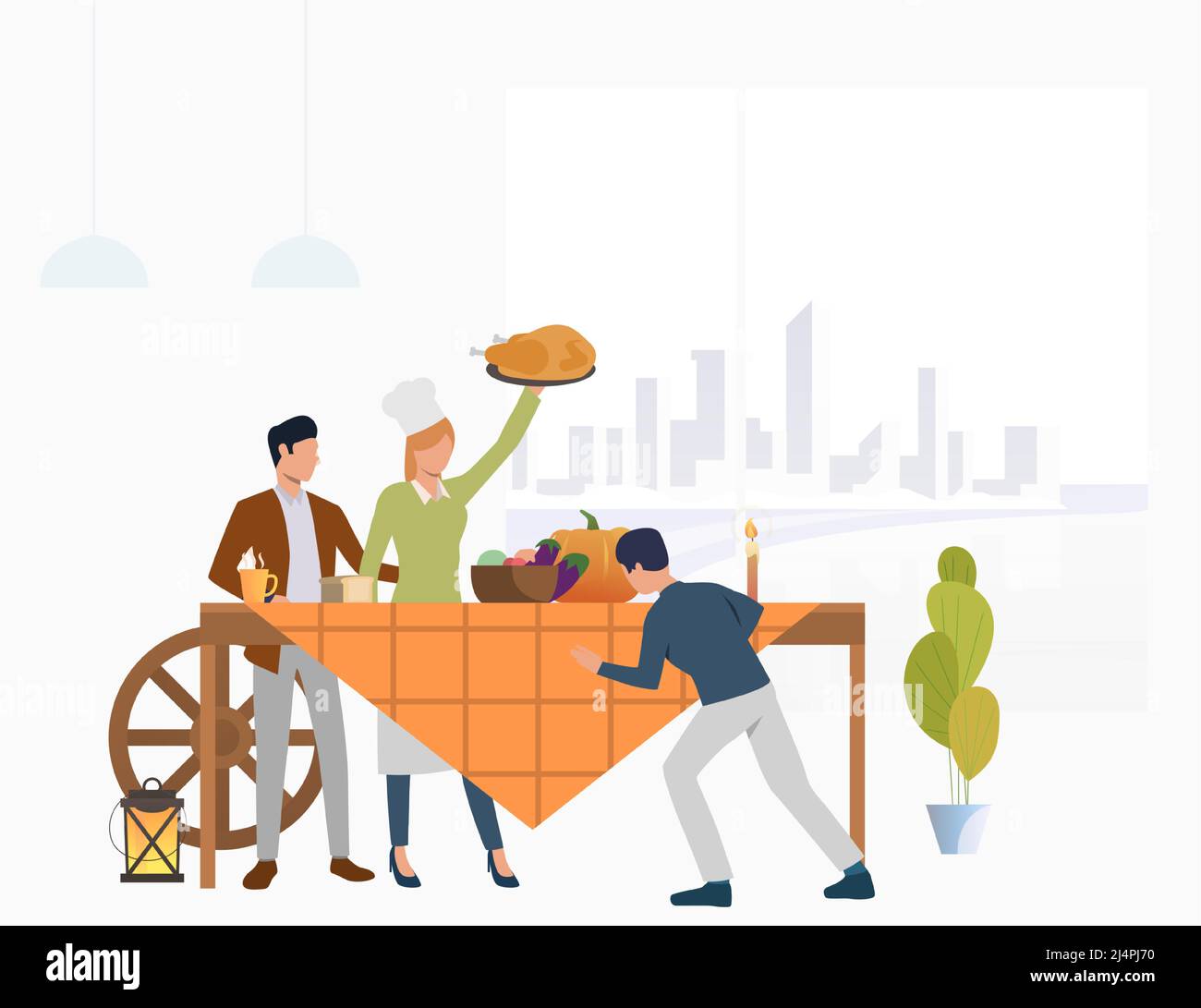 Family gathered at feast table. Male and female cartoon characters ...