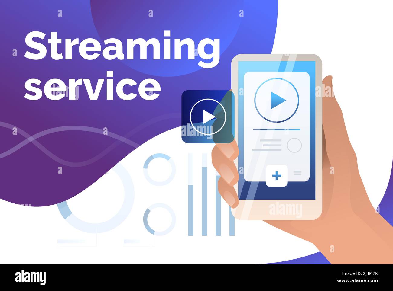 Streaming service presentation slide template. Hand holding smartphone with player interface ...