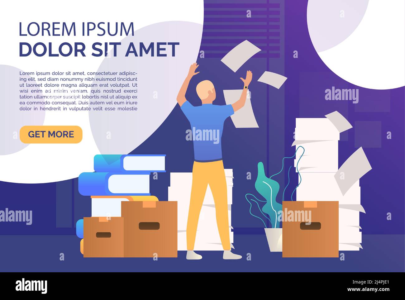 Office man dealing with paper work landing template. Mess, paper piles ...