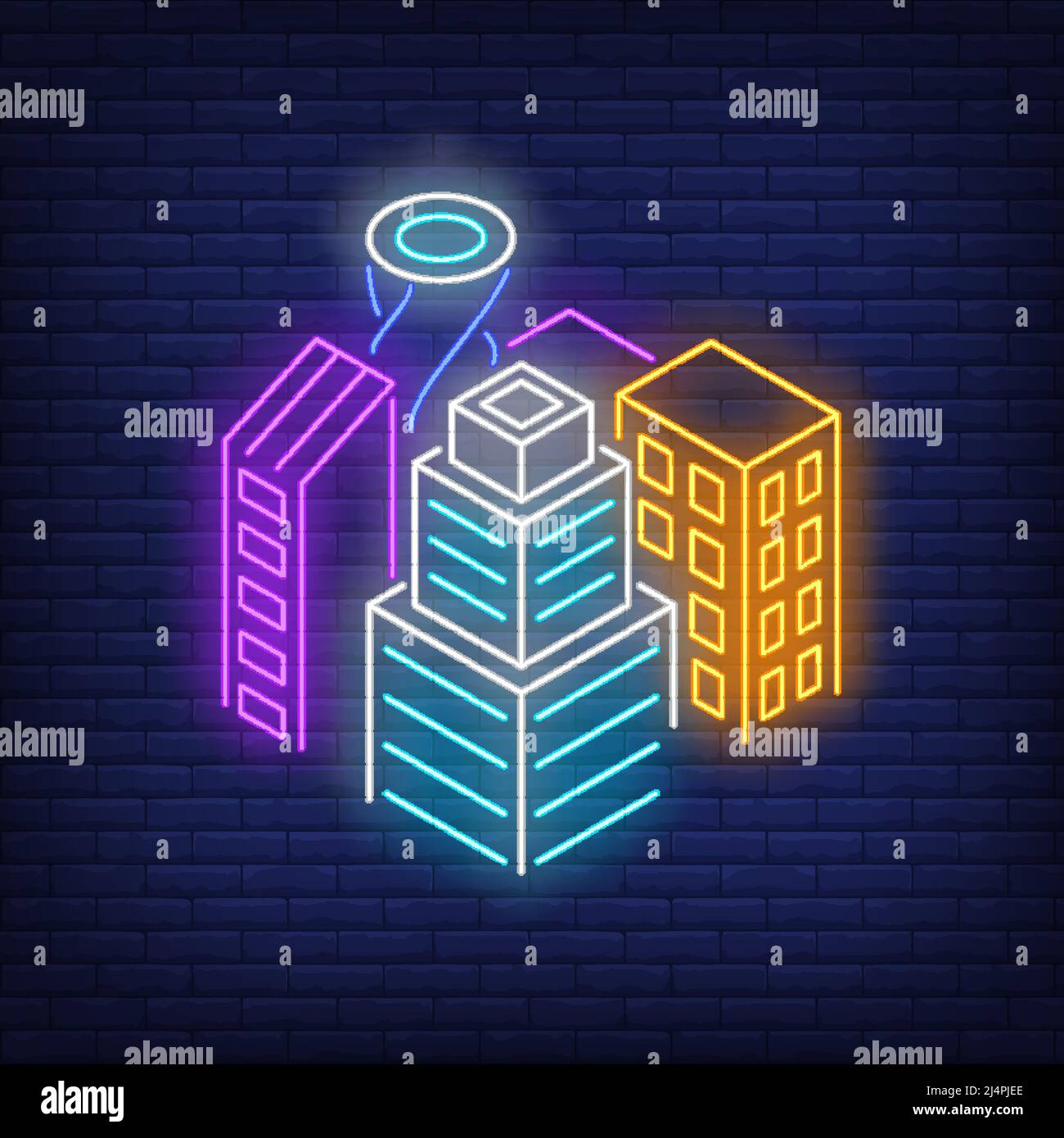 Downtown buildings neon sign. Architecture, city design. Night bright ...
