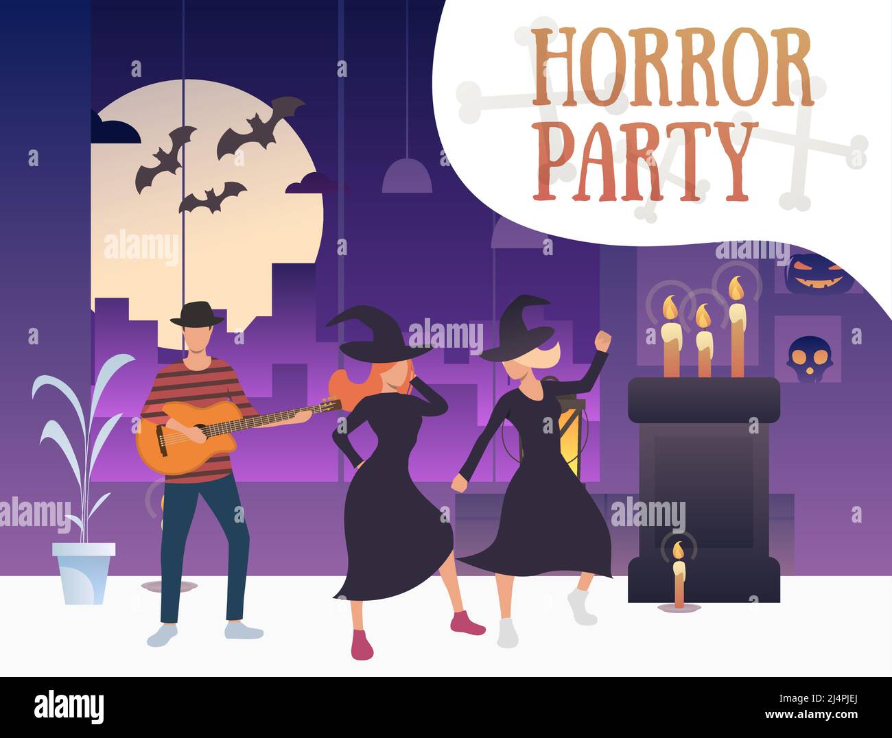 Horror party banner with dancing witches and guitarist. Interior, party ...