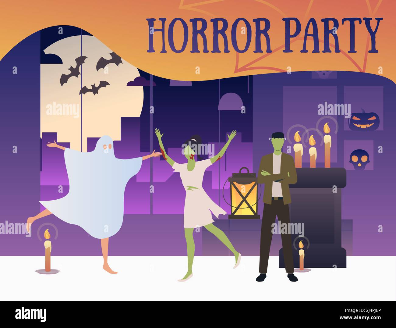Horror party banner with zombies and ghost. Interior, party ...