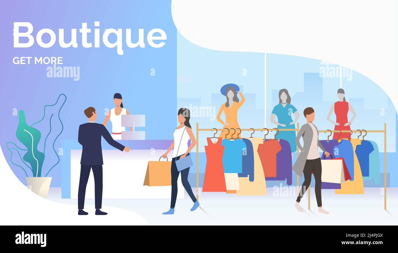 People choosing and buying clothes in boutique. Fashion outlet ...