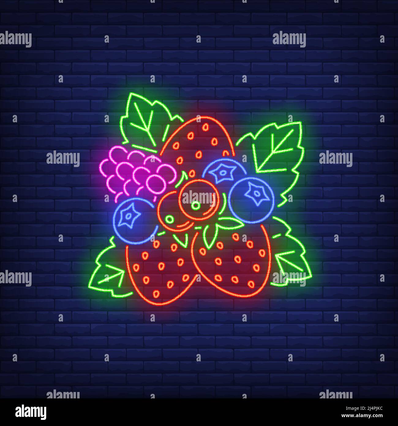 Strawberries, blueberries, red currants and raspberry neon sign. Food ...