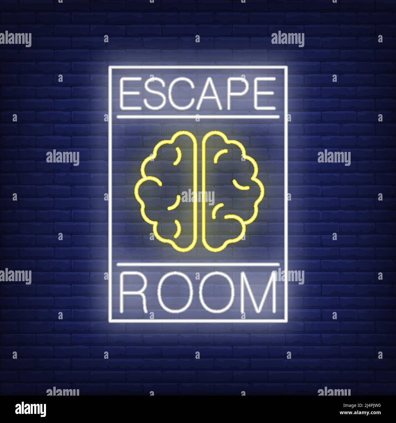 Escape room neon sign. Text and brain in frame on brick wall background ...