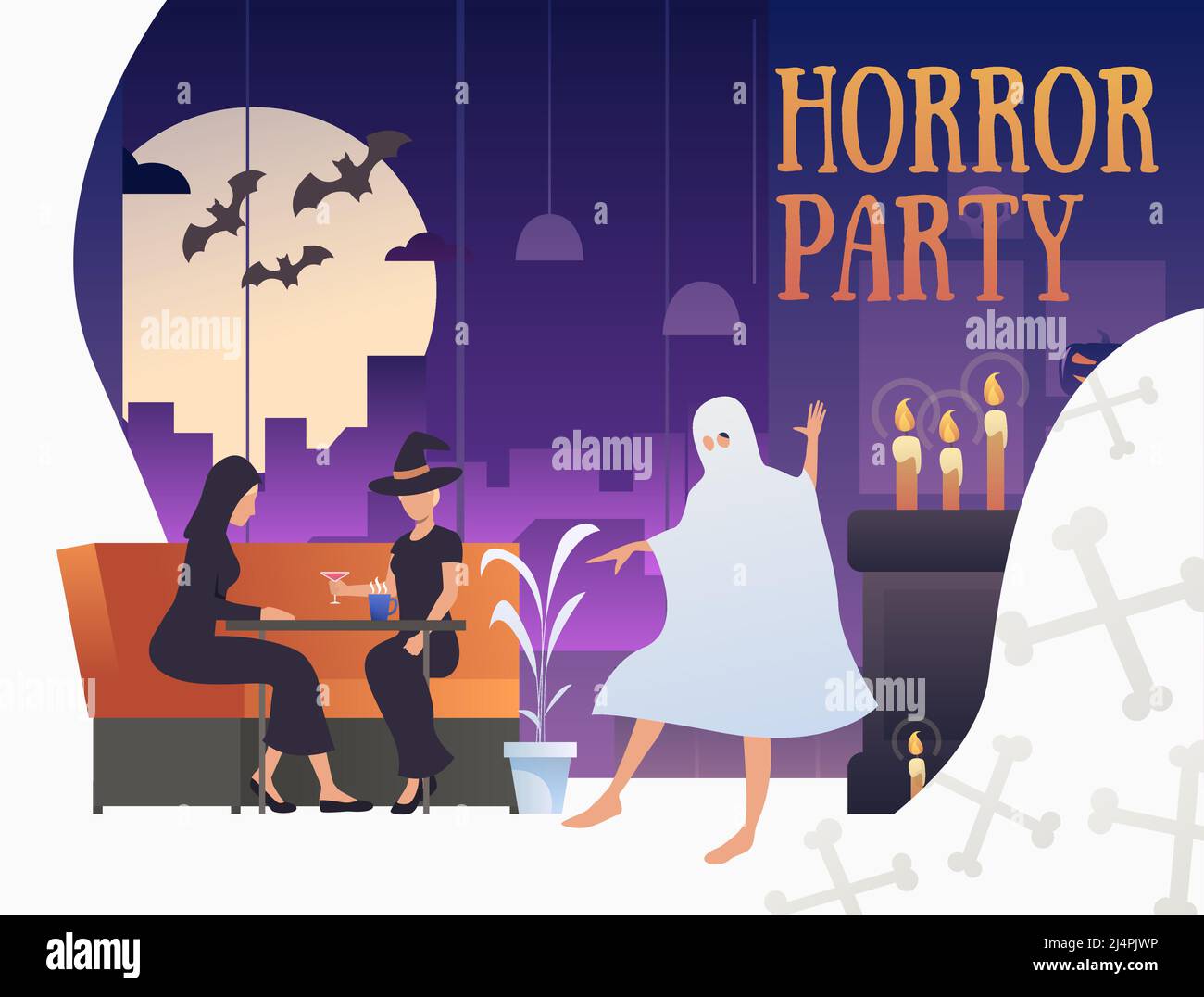 Horror party banner with Halloween characters in pub. Interior, party ...