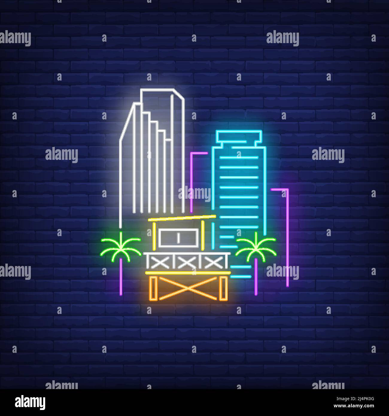 Miami city skyscrapers and lifeguard station neon sign. Beach, tourism ...