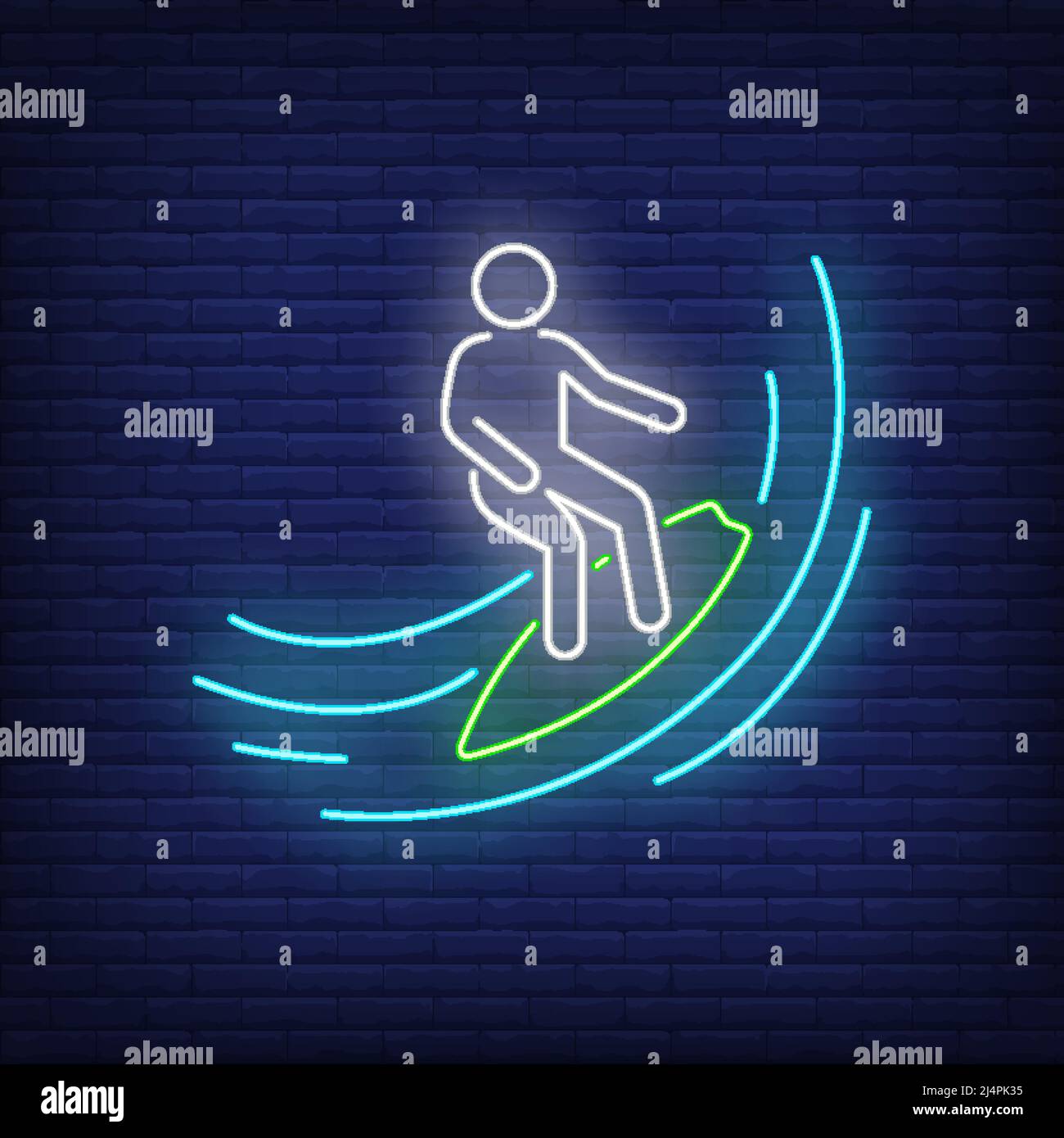 Stick man surfing on wave neon sign. Surfing, extreme sport, tourism ...