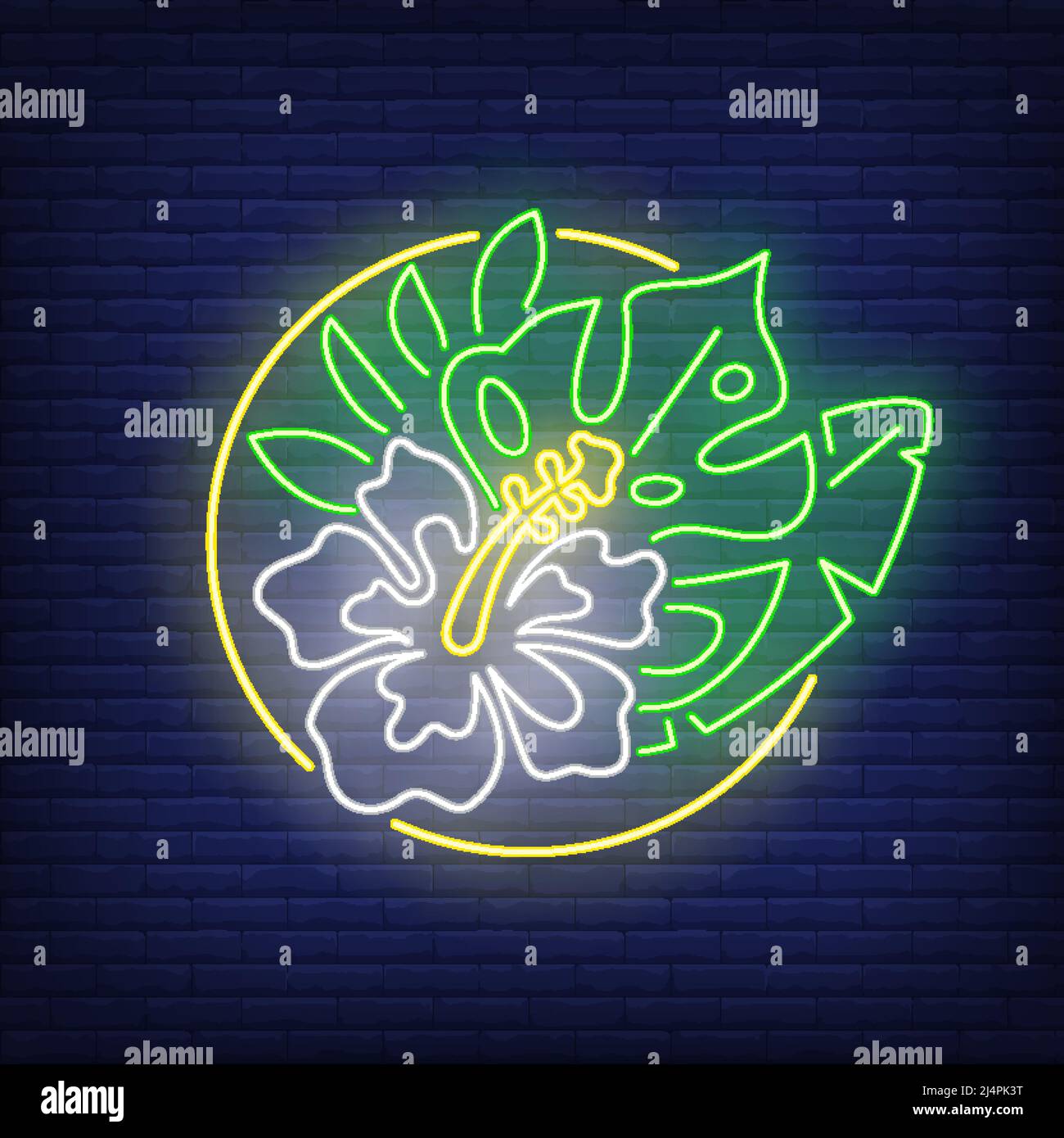Tropical bunch of flowers neon sign. White hibiscus and green leaves in ...