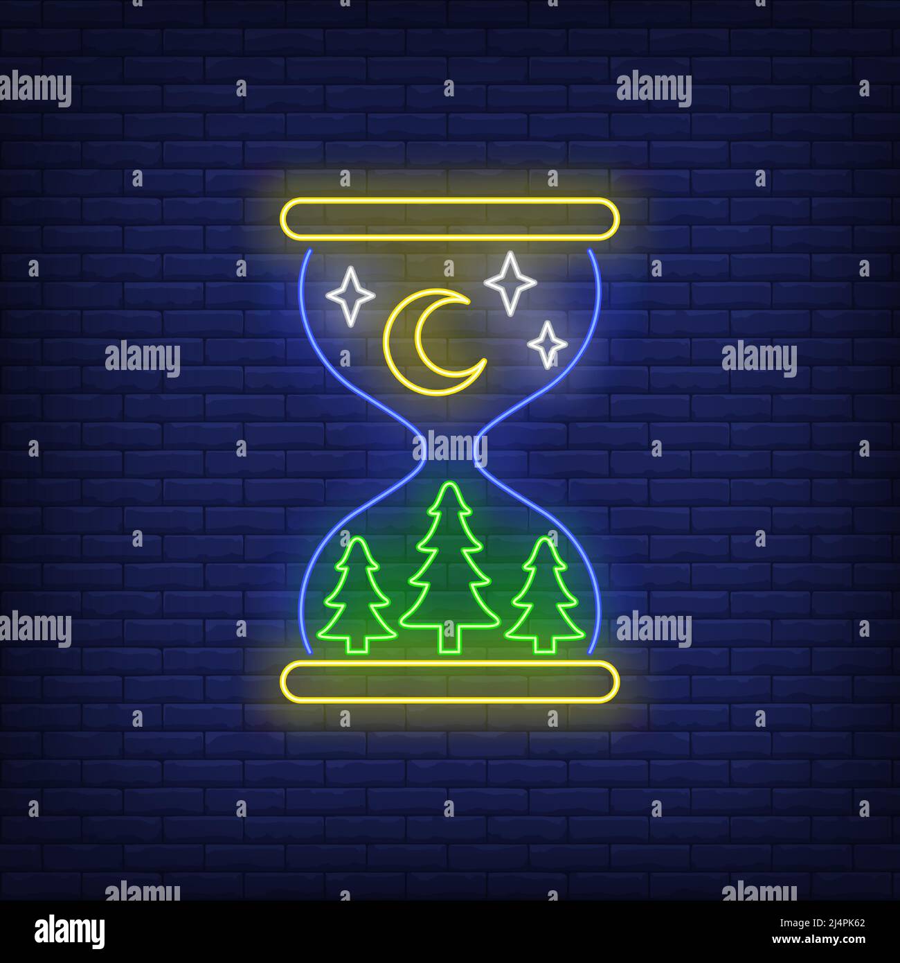 Nighttime neon sign. Crescent, stars, fir trees in hourglass. Time ...