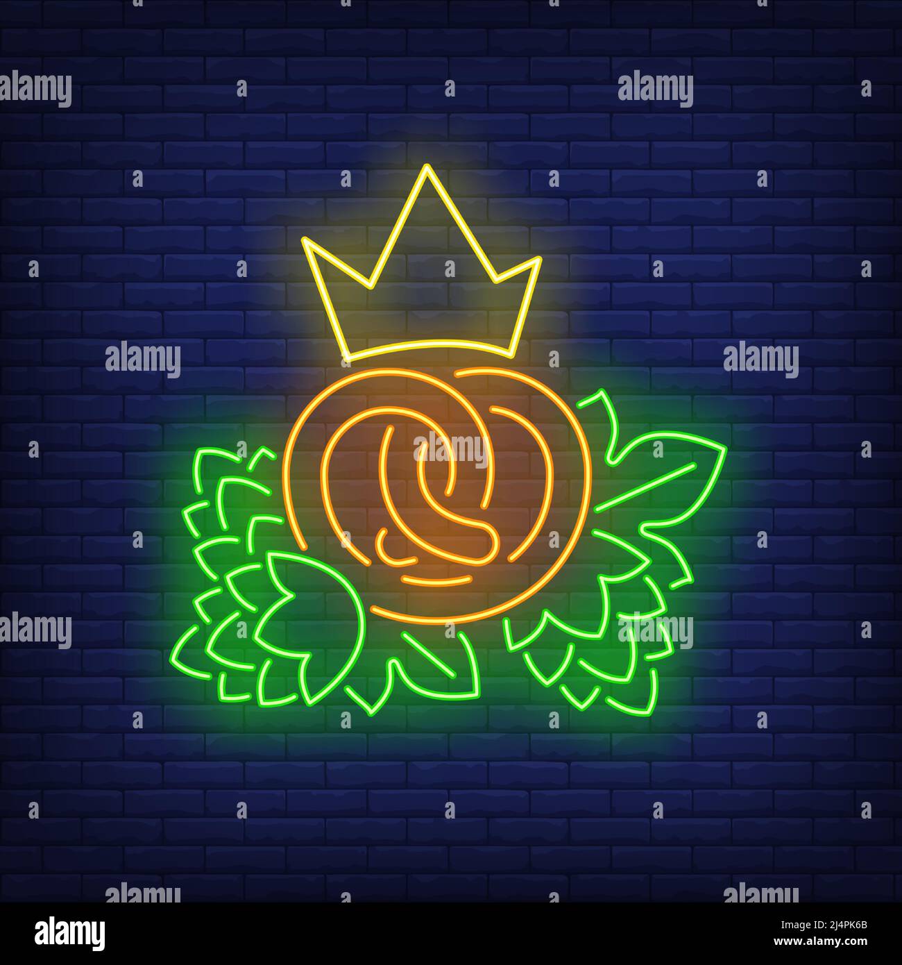 Pretzel with crown and hop cones neon sign. Oktoberfest, appetizer ...