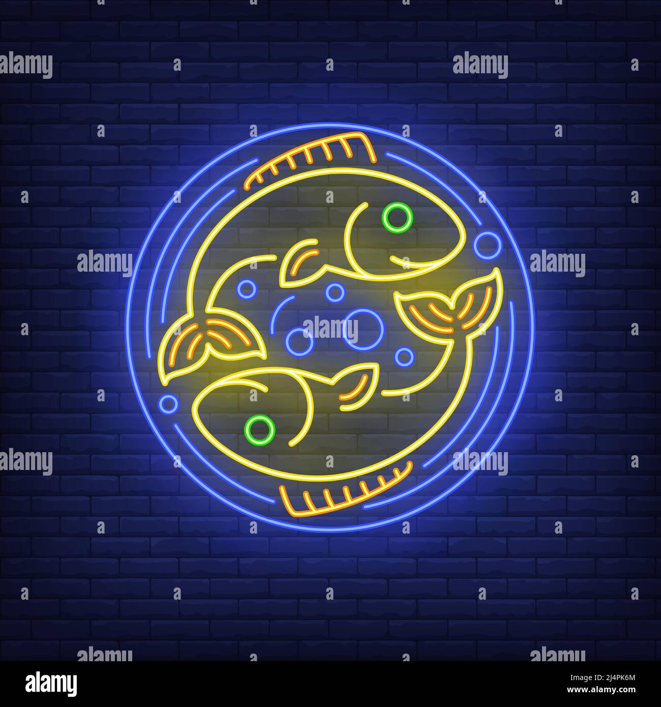 Pisces neon sign. Two fishes in circle, bubbles, water. Astrological ...