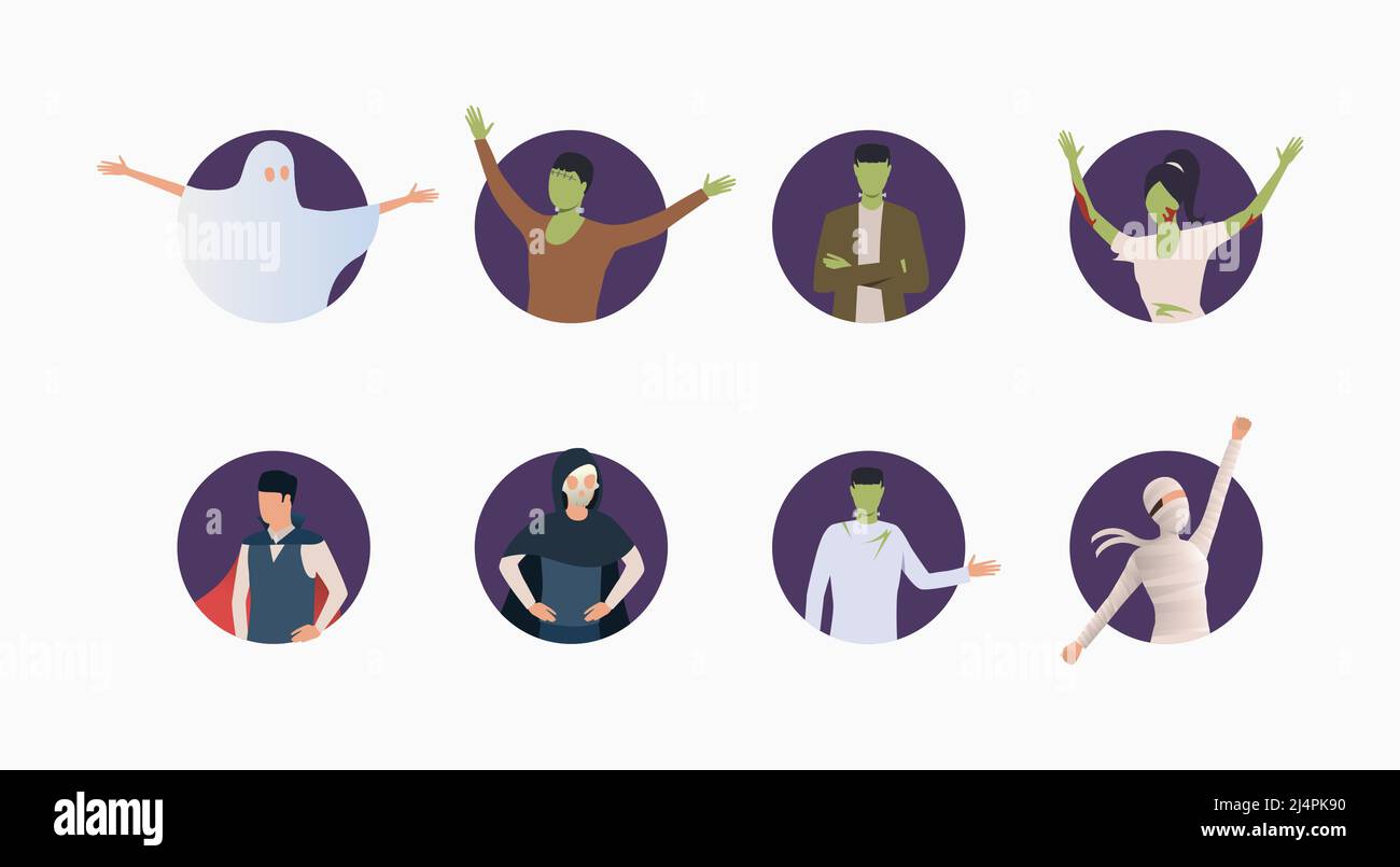 Set of scary Halloween monsters. Flat cartoon characters in dark purple ...