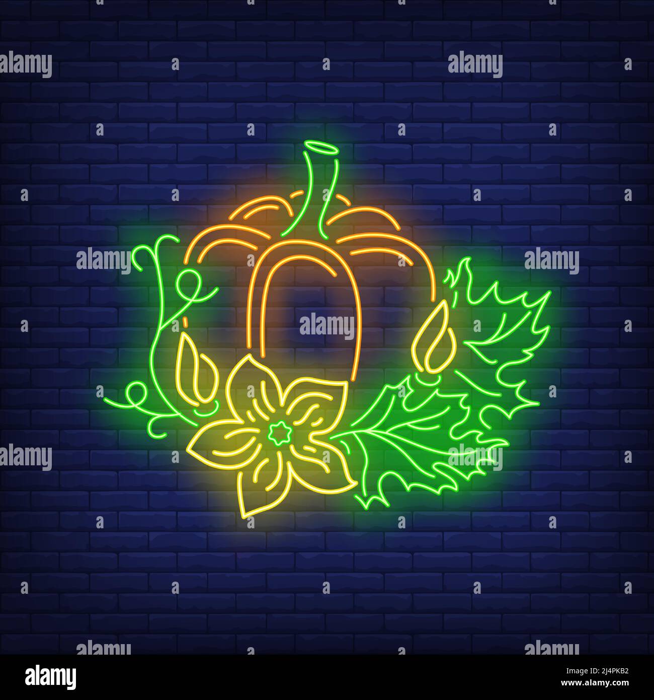 Pumpkin with leaves neon sign. Halloween party, autumn design. Night ...