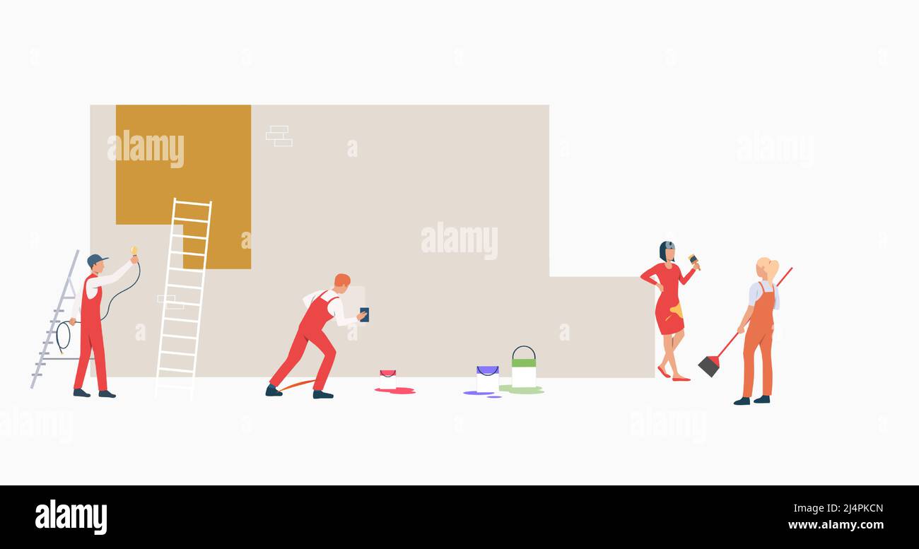 Builders painting wall. Male and female cartoon characters working at ...