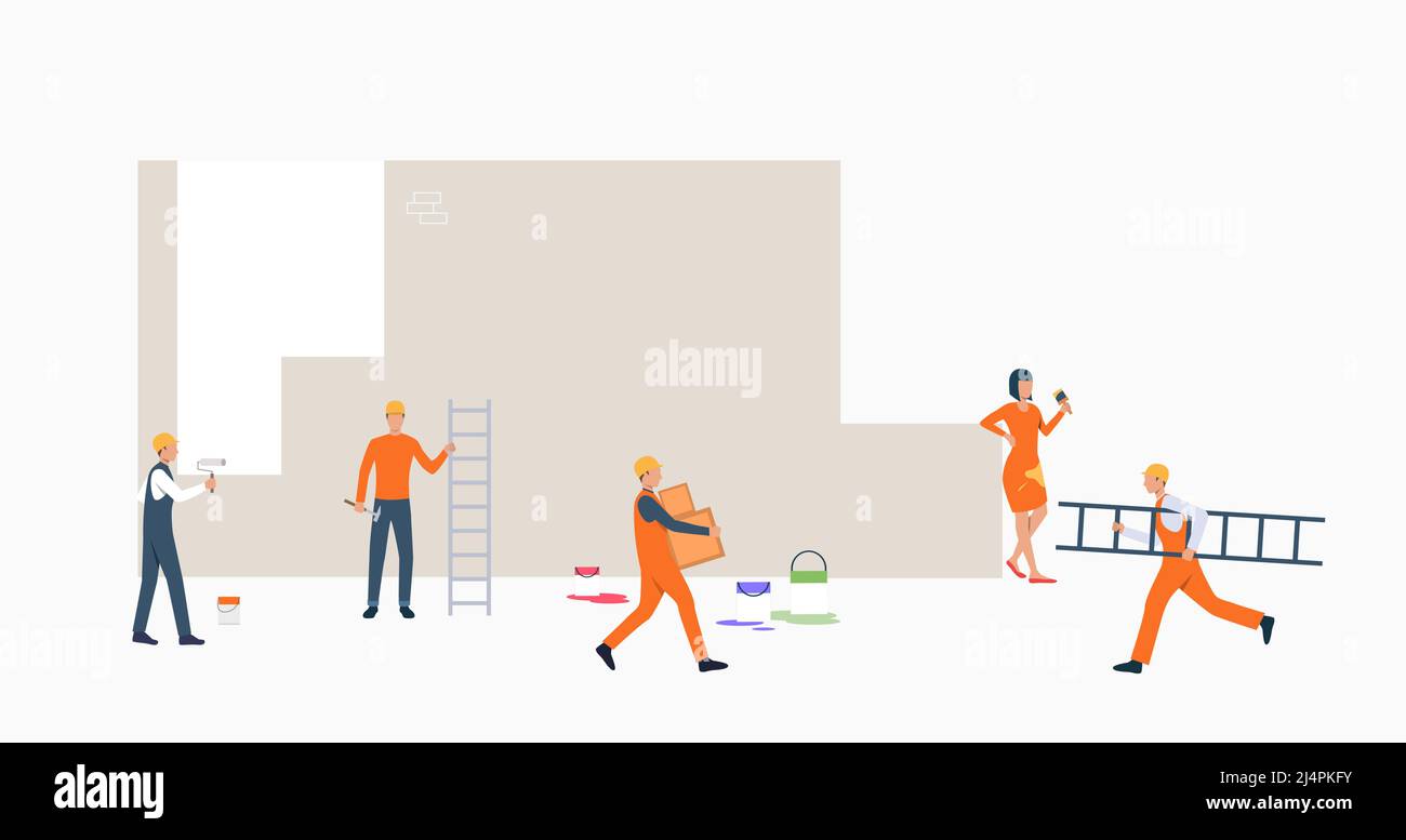 Decorators painting wall. Male and female cartoon characters working at ...