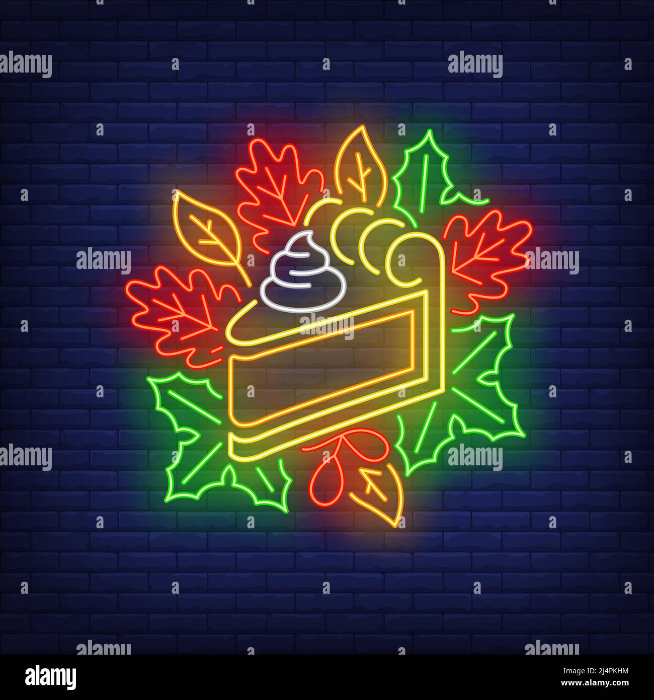 Piece of pumpkin pie in neon style. Glowing neon pie. Pastry, pumpkin ...