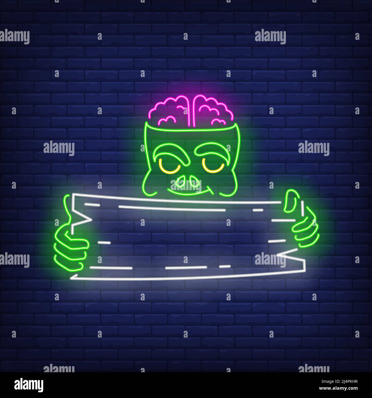 Zombie holding wooden signboard neon sign. Halloween, monster, horror ...