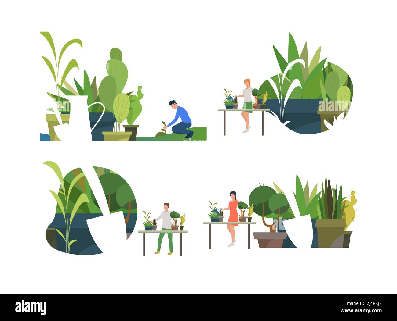 Set of people taking care of plants. Group of men and womenpotting ...